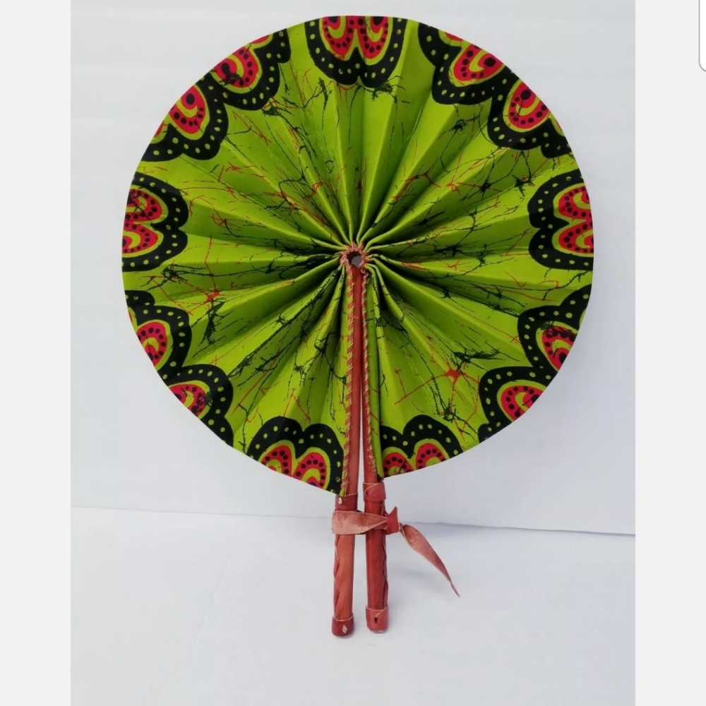 African Round Expandable Ankara Fabric Fan Green Leat… - Gem